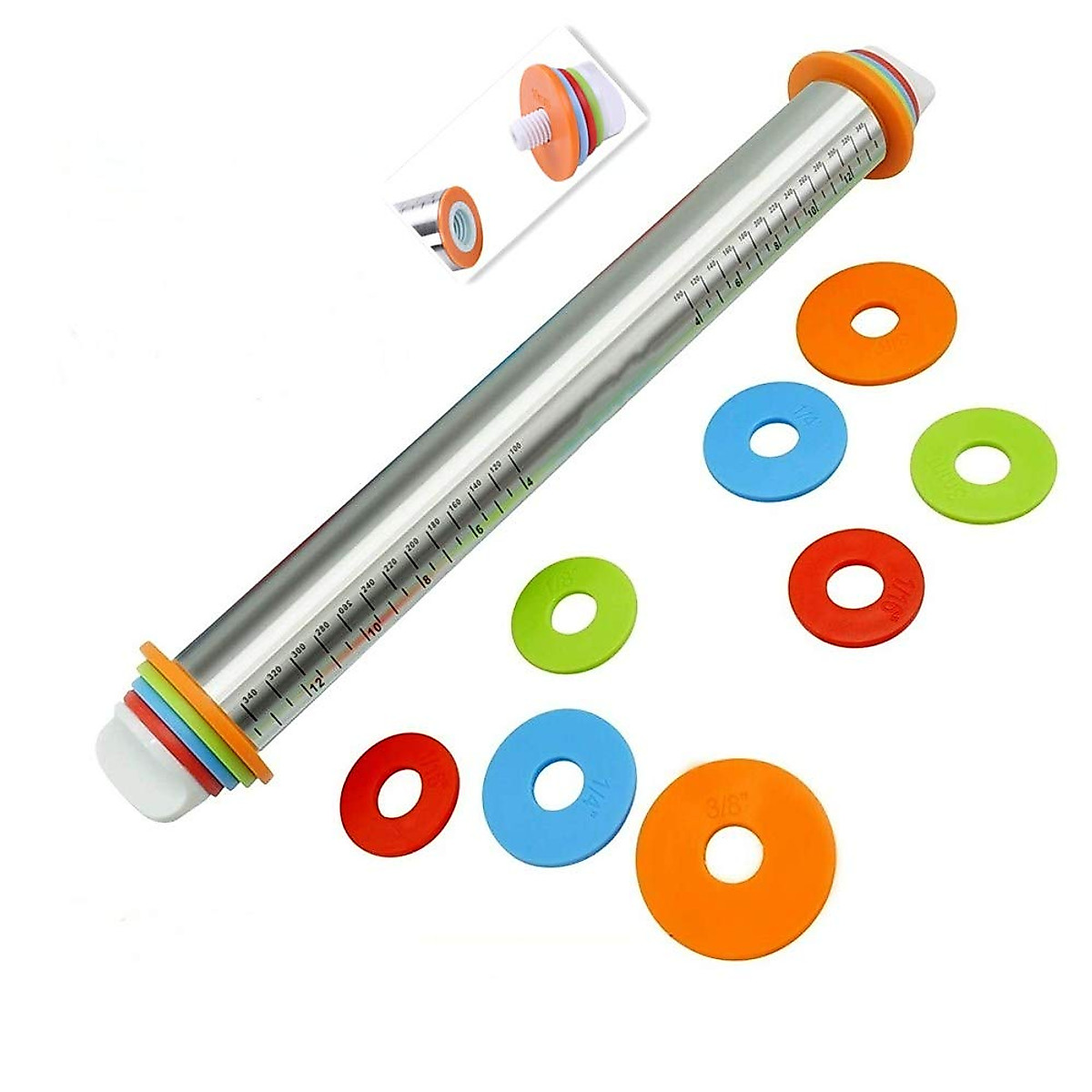 Rolling Pin nonstick and Silicone Baking Pastry Mat combo kit, Adjustable Rolling Pin With Thickness Rings, Rolling Pin for Baking Fondant, Pizza, Pie, Pastry, Pasta, Dough, Cookies (red)