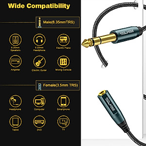 SOLMIMI 1/4 to 3.5mm Headphone Adapter, 1/4 to 1/8 6.35mm Male to 3.5mm Female TRS Stereo Audio Adapter Cable for Headphone Mixer Guitar Piano Keyboard Amplifier Speaker and More - 1 Feet