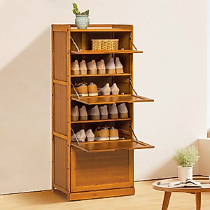 Magshion Bamboo Entryway Shoe Storage Cabinet with Pull-Down Door, 7-Tier Freestanding Shoe Cabinet Organizer for Hallway Entryway, for Convenient Shoe Organization (Brown)