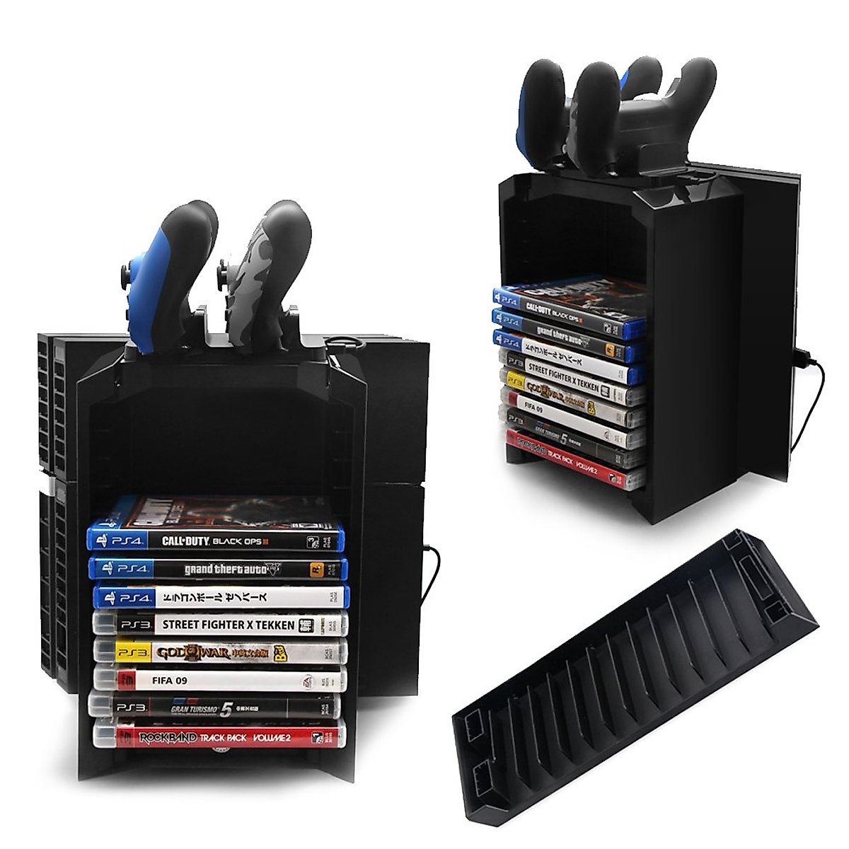 TNP Stand + Controller Charger + Game Storage Organizer - Vertical Dock Charge Charging Station for DualShock Controller, Bluray Game Case Storage Holder Tower 4-in-1 Accessories [Playstation 4]