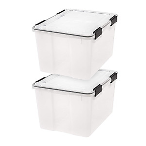 IRIS USA WEATHERPRO 47 Quart Stackable Storage Box with Airtight Gasket Seal Lid, Heavy Duty Containers with Tight Latches, Weather proof Bins for Closet Basement Attic, 2 Pack - Clear/Black