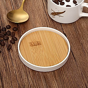 Senstap Wooden Coasters for Drinks Coffee Table, Round Drink Coasters with Holder, Set of 5 Cup Mat for Tabletop Protection, Cup Coaster with Lip 4-inch, White