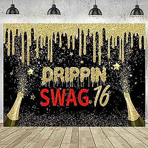 Sensfun Drippin Swag 16 Birthday Backdrop Boys Black Gold Hip Hop Happy 16th Birthday Party Decorations Photography Background Teenager Boy 16 Years Old Birthday Banner Supplies 7x5ft