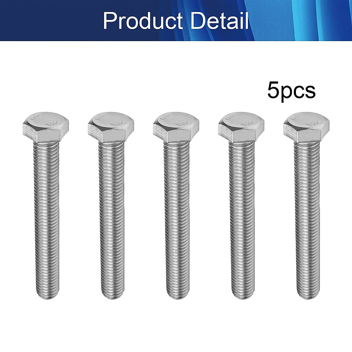Juvielich M12x90mm Hex Head Screw Bolts 304 Stainless Steel Fully Threaded Hex Tap Bolts Silver Tone 5PCS