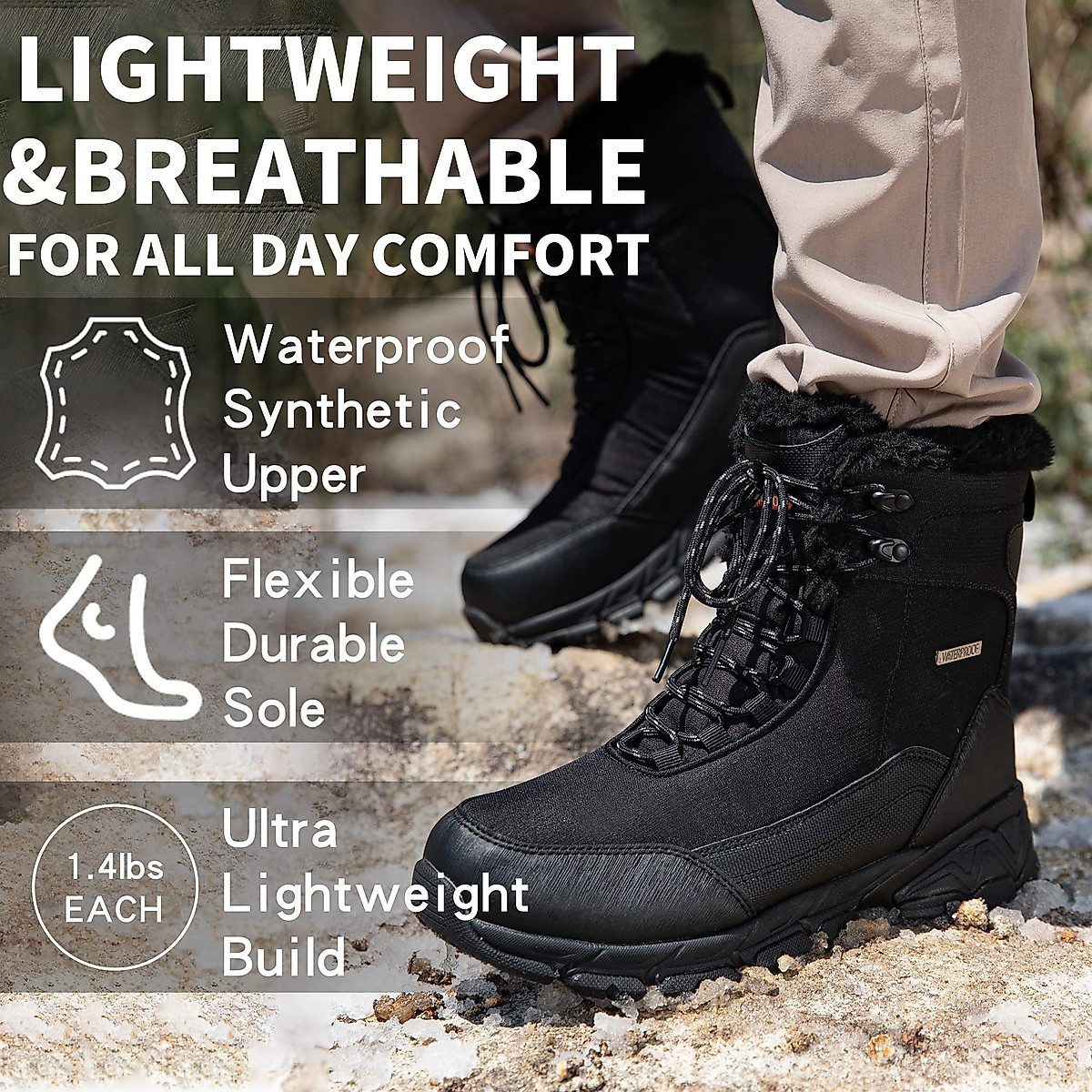 SHULOOK Men's Snow Boots Waterproof Warm Fur Lined Winter Hiking Boot Non-slip Outdoor Ankle High-top Shoes Work Hiker Trekking Trail