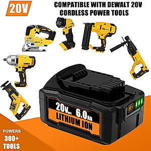 2Packs 6.0Ah Lithium-ion Replacement Battery Compatible with Dewalt 20V Max Battery DCB200 XR Series Cordless Power Tools