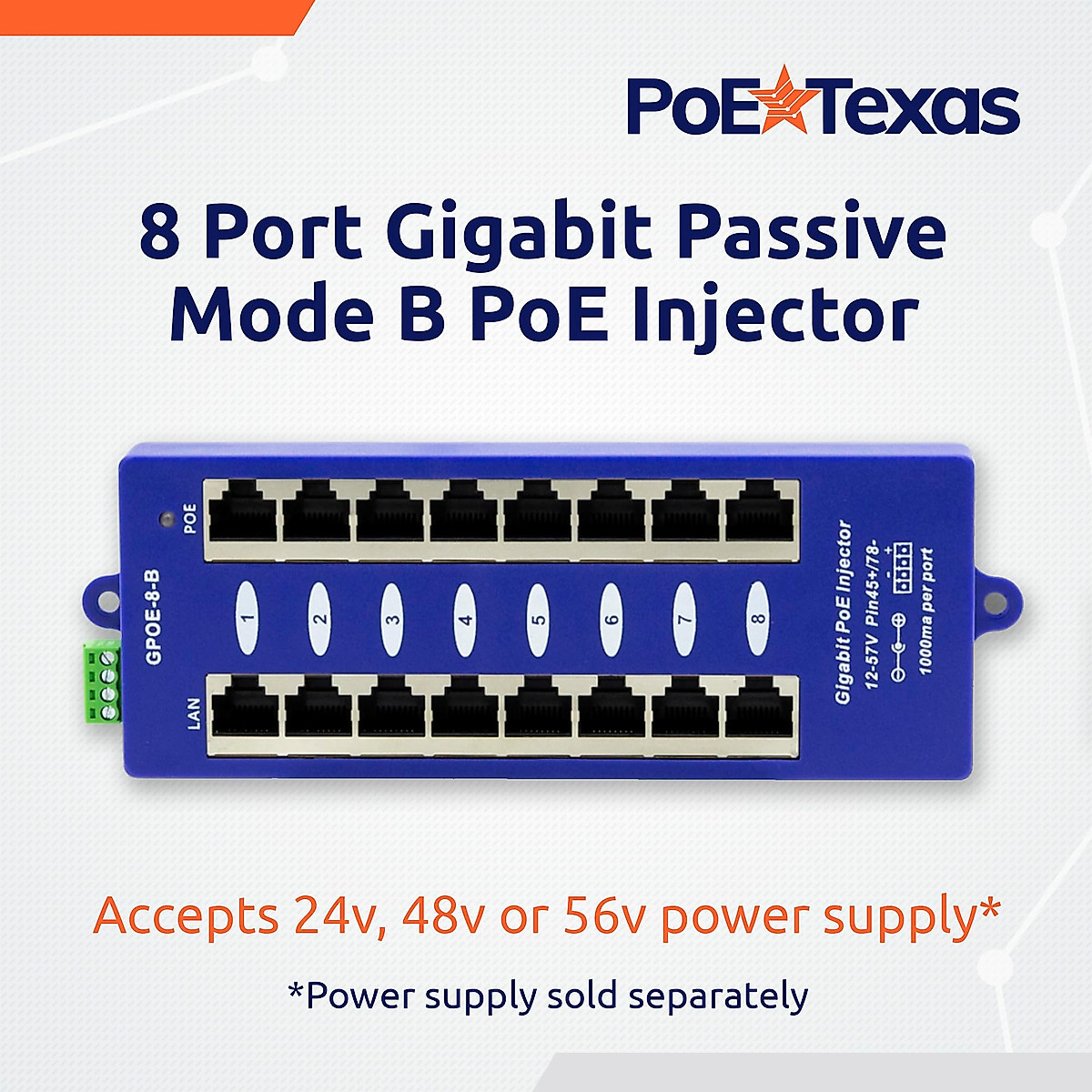PoE Texas GPOE-8B - 8 Port PoE Injector - Gigabit Passive Mode B Power Over Ethernet Injector for Ubiquiti, Mikrotik & More - Add PoE to A Non-PoE Switch - 24v, 48v or 56v Power Supply Sold Separately
