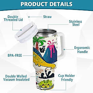 RPLIFE Cute Colorful Dinosaurs Coffee Tumbler with Handle, Stainless Steel Mug, Straw Water Bottle