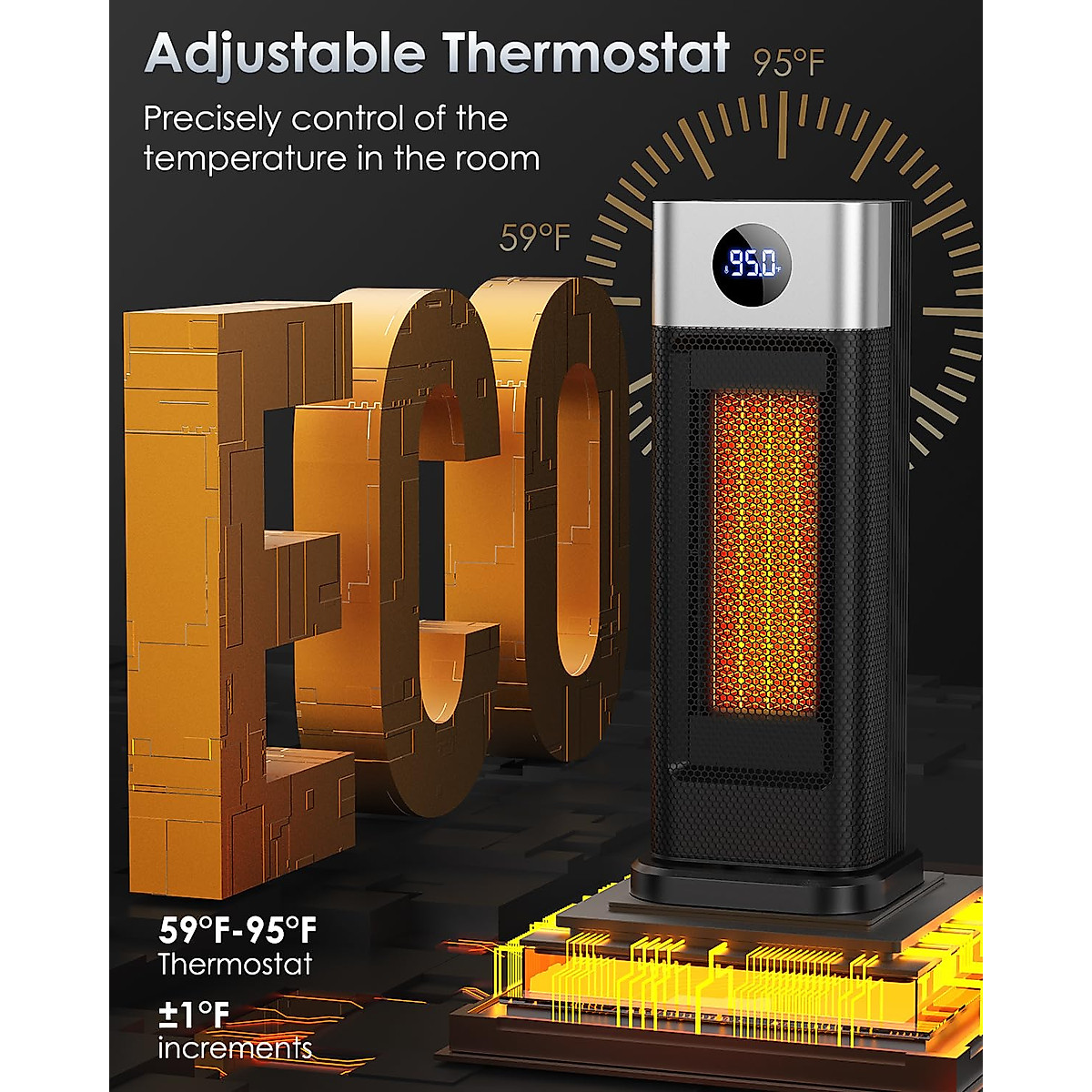 Space Heater for Indoor Use, 1500W Fast Heating Portable Electric Heater with Remote, Thermostat, Overheating & Tip-Over Protection, 90° Oscillation Quiet Space Heater for Large Room, Office & Home