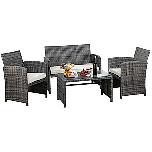 JAMFLY 4 Piece Patio Furniture Set, Outdoor Furniture Set Patio Wicker Conversation Set with Cushions and Tempered Glass Tabletop for Lawn Backyard Pool Garden