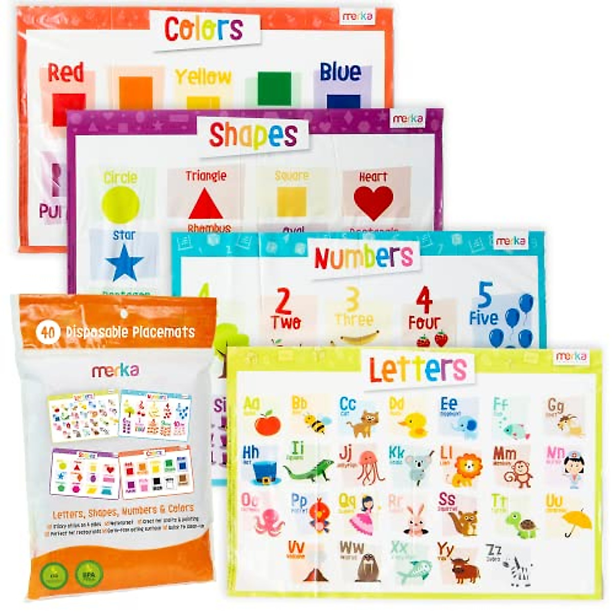 merka Disposable Placemats for Baby and Toddlers 12" x 18", 40 Pack Stick-on Table Mats for Restaurants, Includes Shapes, Numbers, Letter & Colors