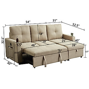 INSTORY Mid-Century Modern Linen Sofa Pull Out Sofa Bed L-Shaped Sectional Sofa Convertible Sleeper Sofabed with Storage Chaise & USB & Cup Holder for Living Room - Light Brown