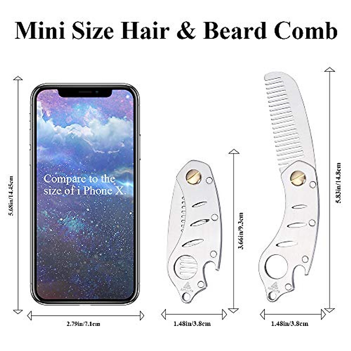 AhfuLife Stainless Steel Hair & Beard Comb, Multifunctional Folding EDC Pocket Comb with Bottle Opener, Anti-Static Hair & Beard Care Comb, Presented in Gift Box