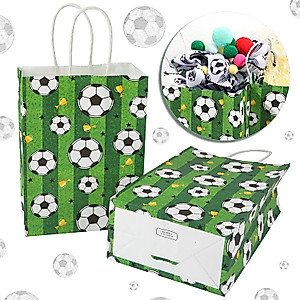 16pcs Soccer Party Favor Paper Bags, Green Football Gift Bag Football Themed Party Bags with Handles Soccer Goodie Bags Treat Candy Bags for Kids Adults Soccer Party Supplies