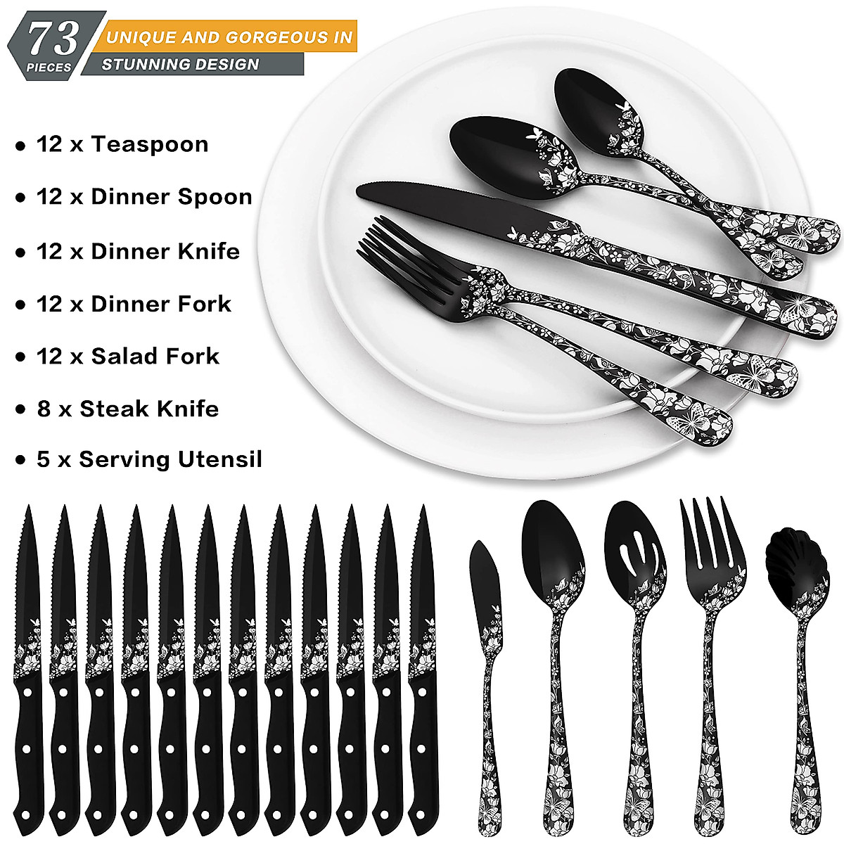 73-Piece Black Silverware Set for 12 with Steak Knife & Serving Set, Stapava Stainless Steel Flatware Cutlery Set, Eating Utensils Tableware, Butterfly Flower Design, Mirror Polish, Dishwasher Safe