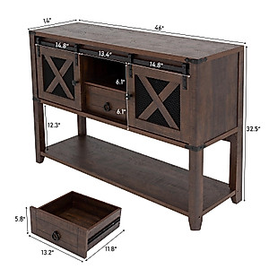 Hlivelood Farmhouse Entryway Table with 2 Sliding Barn Doors & Drawer, 46'' Rustic Console Table with Storage, Open Shelf Space, Industrial Sofa Table for Living Room, Entryway, Hallway, Brown