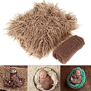 Yuehuam Newborn Baby Photo Props, Fluffy Blanket+ Ripple Wrap Set Toddler Photography Wrap Mat DIY Baby Photoshoot- Khaki