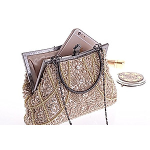 Womens Vintage Jewels Beaded Evening Clutch Bag Top-handle Prom Party Purse Formal Handbag(Silver)