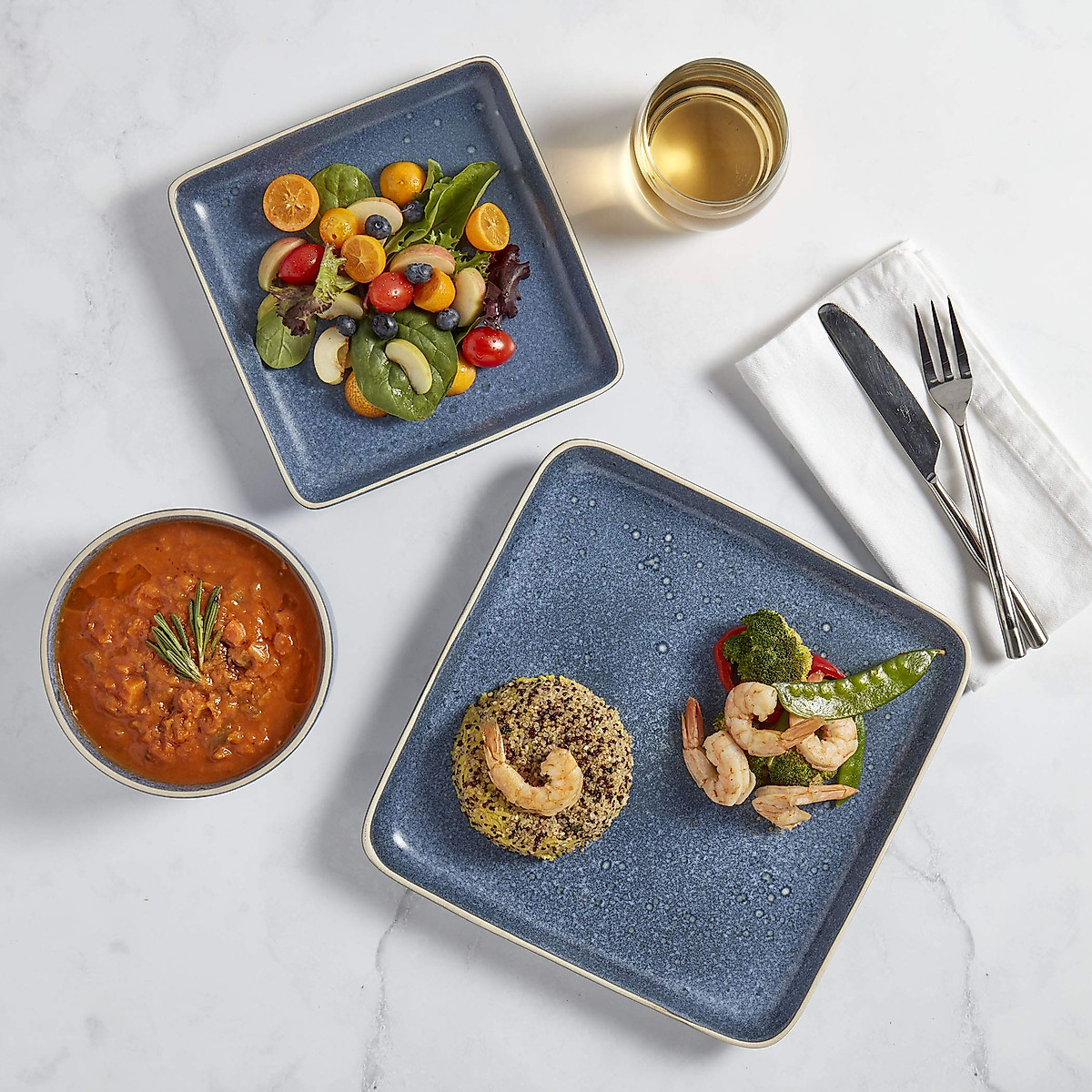 Tabletops Gallery Madison Fashion Dinnerware Collection- Square Contemporary Modern Reactive Glaze Dinner Salad Plate Bowl 4 Place Setting, 12 Piece Madison Dinnerware set in Speckled Blue