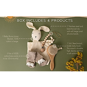 Baby Gift, Baby Baptism Gift, Newborn Baby Gift Set for Boy, Girl or Gender Neutral, Baby Shower with 4 PCS- Brush, Lovey Blanket, Baby Socks and Silicone Pacifier Clip