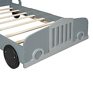 Designs Twin Size Car-Shaped Platform Bed with Wheels Wooden Platform Bed Frame with Support Slats for Kids Boys Girls Teens (Gray-@2)