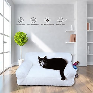 FORMYCATIE Pet Couch Bed, Washable Cat Beds for Medium Small Dogs & Cats up to 25 lbs, Soft Calming Cat Sofa Beds for Indoor Cats Anti-Slip Bottom，Fluffy Cat Couch (White)