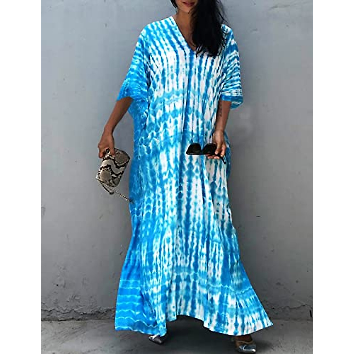 AILUNSNIKA Plus Size Caftans for Women Tie Dye Bikini Bathing Suit Cover Ups Casual Batwing Sleeve Kaftan Dress