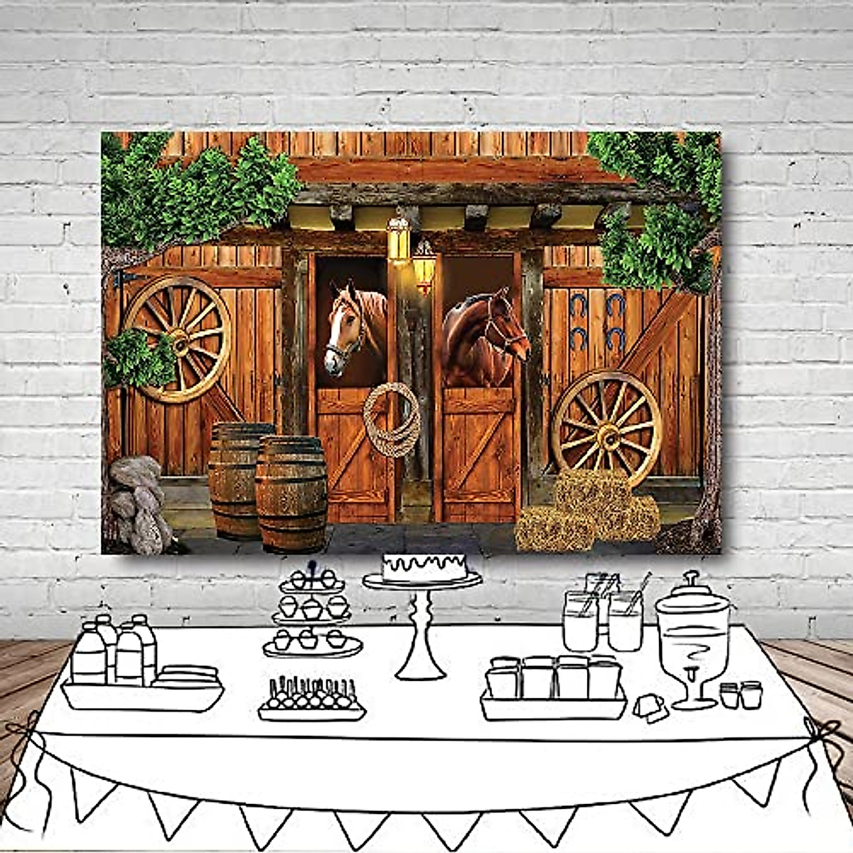 MEHOFOND 10x7ft One Wild West Stable Backdrop Texas Western Cowboy Horse in Barn Baby Shower Wheels Mews Photography Background Travel Party Events Photo Studio Props