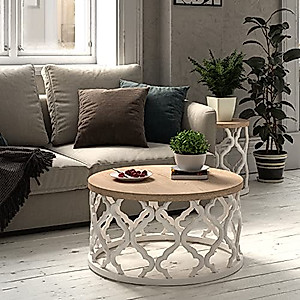 COZAYH Rustic Farmhouse Coffee Table, Distressed Wood Top Table with Curved Motif Frame Base for Boho, French Country Decor, Round, White, 30Dx30Wx16H in