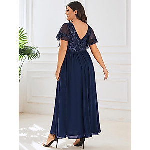 Ever-Pretty Plus Womens Plus Size Backless Ruffles Sleeves Sequin Appliques Maxi Chiffon Formal Evening Dress Navy Blue US26