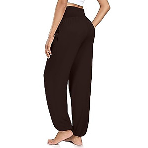 UEU Women's Harem Casual Loose Pants Yoga Sweatpants Flowy High Waisted Lounge Comfy Pajama Joggers with Pockets DarkCoffee L