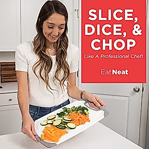 EatNeat 5 pc Cutting Board and Kitchen Knife Set - Premium Plastic Cutting Boards and Kitchen Knife Set, Home Essentials Kit Includes Stainless Steel Santoku Knife With Sheath and 3 Chopping Boards