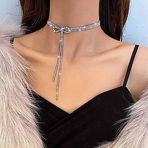 ELABEST Rhinestone Bow Necklace Crystal Bowknot Pendant Choker Dainty Tennis Chain Nightclub Party Jewelry for Women (Silver)