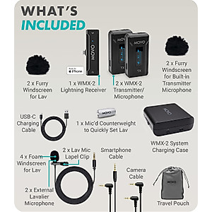 Movo WMX-2-L-DUO Wireless Microphone for iPhone with Charging Case, Lightning Connector, 328ft Range, 7hr Battery Life
