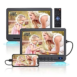 DESOBRY 10.5" Portable DVD Player for Car, Car DVD Player Dual Screen with HDMI Input, 5-Hour Rechargeable Battery, HD Transmission, Headrest DVD Player Supports USB, Last Memory (1 Player+1 Monitor)