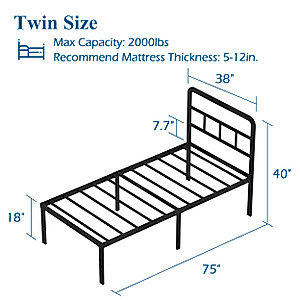 DiaOutro Twin Bed Frames with Headboard 18 Inch, Metal Platform No Box Spring Needed Heavy Duty Steel Slat Mattress Foundation/Easy Assembly/Noise Free/Black
