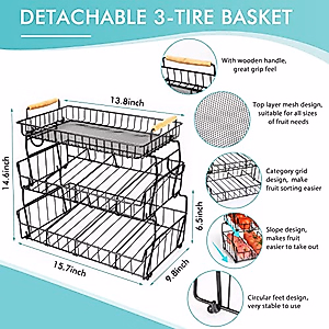 HOUMESO 3-Tier Countertop Fruit Basket Bowl with Banana Holder for Kitchen Beveled Detachable Fruit Vegetable Holder Storage Stand for Sorting Fruits