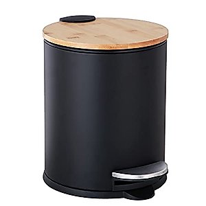 SIDIANBAN Small Bathroom Trash Can with Bamboo Lid Soft Close and Foot Pedal, 1.3Gal/5L Round Garbage Can with Removable Inner Wastebasket for Bedroom, Powder Room, Craft Room, Office, Kitchen, Black