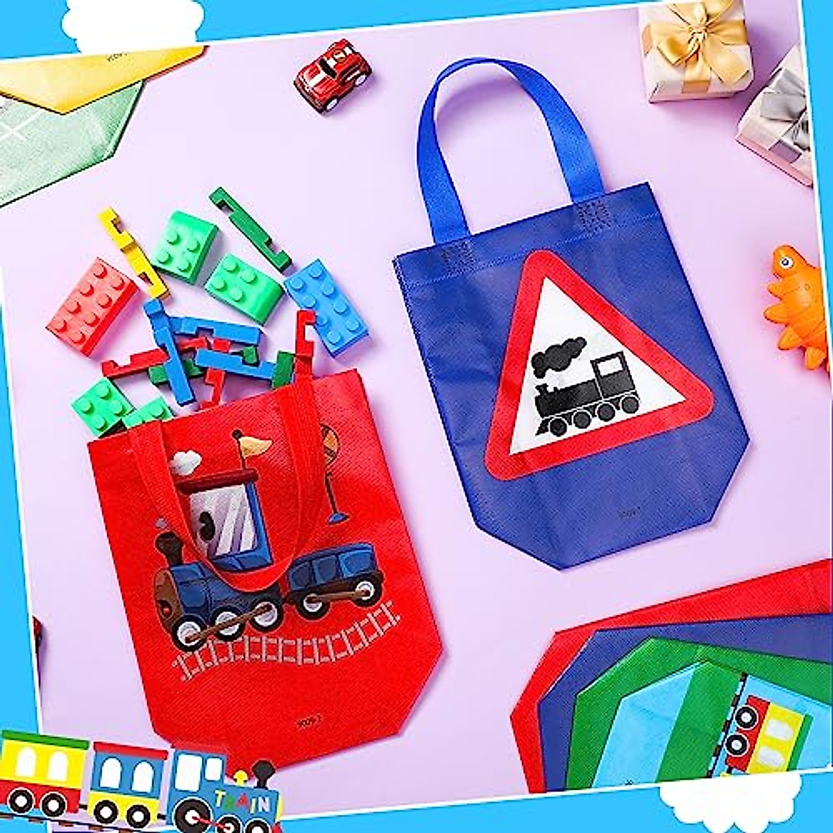 Pinkunn 20 Pieces Reusable Mini Train Party Tote Bags 6 Designs Gift Reusable Bags with Long Handles Gift Bag Goodie Treat Bags with Handles Party Favor