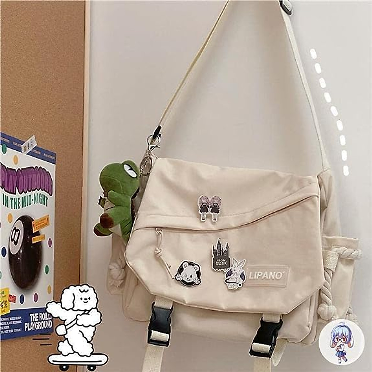 Inshere Aesthetic Crossbody Bag with Cute Pins and Ornament, Casual Shoulder Messenger Bag Japanese Kawaii Bag for Women Men (White)
