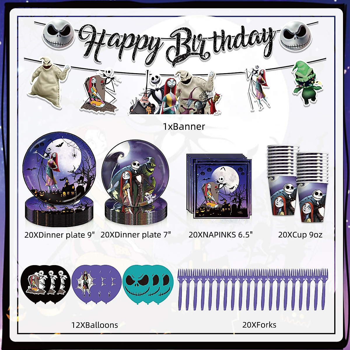 114pcs Nightmare Christmas Birthday Decorations Halloween Tableware Set Includes Happy Birthday Banner, 9 Inches Plates, 7 Inches Plates, Napkins, Cups, Fork, Balloons and Tablecloth for Serve 20