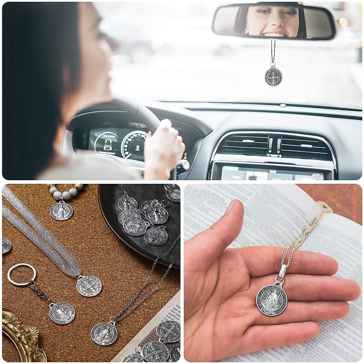 Remuuly 120 Pieces Medals Prayer Card Set, 3/4 Inch Round Silver Oxidized Medals for Necklace Holy Prayer Cards Bags for Catholic Women Men Jewelry Making (St Benedict)