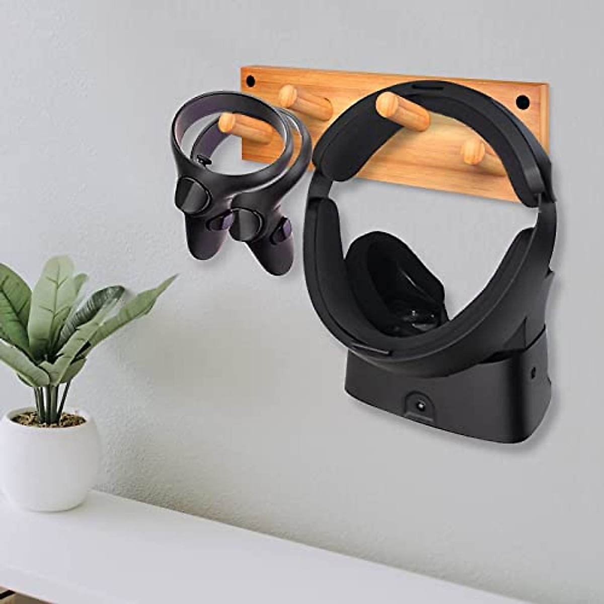 VR Wall Mount Hook for Oculus Quest 2, VR Headset Shelf Storage VR Touch Controller Rack, Solid Wood Hanger Compatible for Vertical Reality Device RiftS Vive Playstation Holder