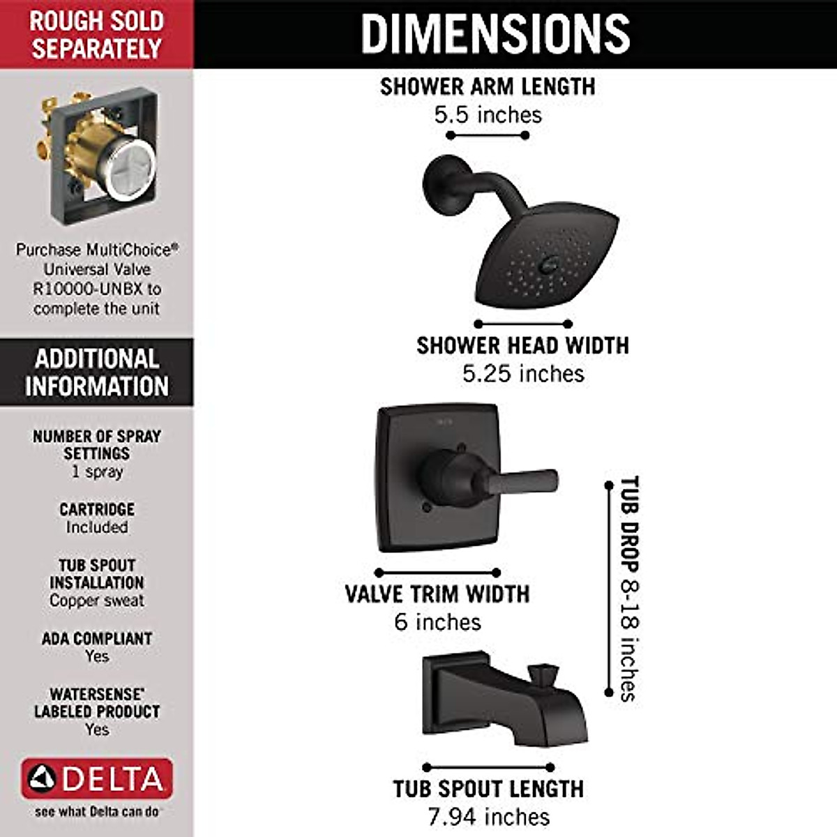 DELTA FAUCET T14464-BL Ashlyn Monitor 14 Series Tub and Shower Trim Tub & Shower, Without Rough, Matte Black