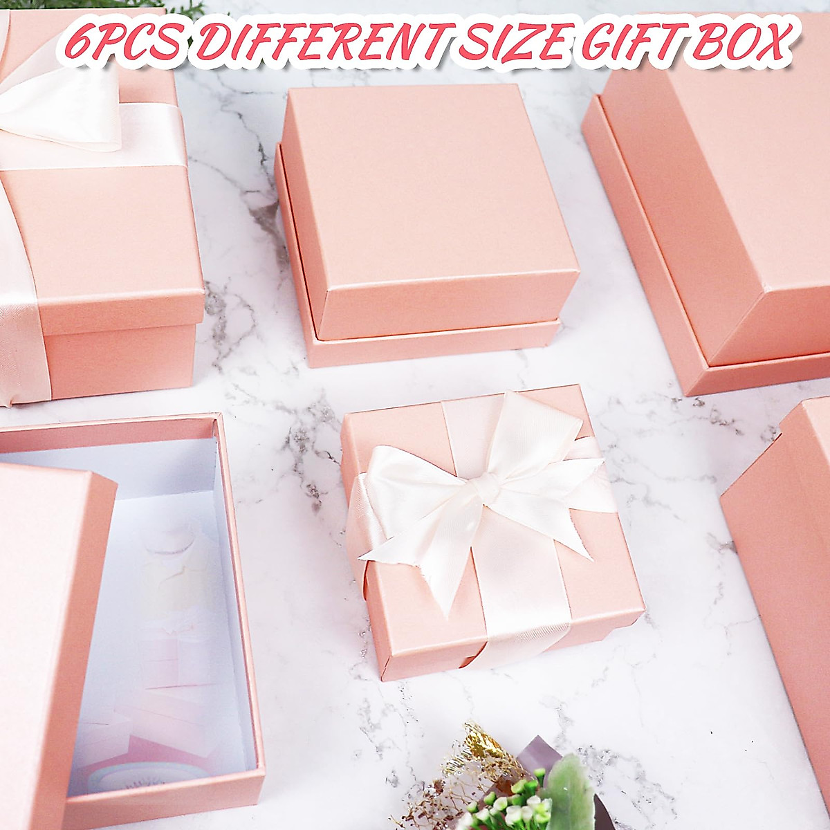 GLGHMH 6 Pack Square Nesting Gift Boxes With Lids,Bridesmaid Proposal Box with Ribbon Thank You Card，For International Woman's Day Wedding Anniversaries Birthdays Baby Shower Thanksgiving (PINK)