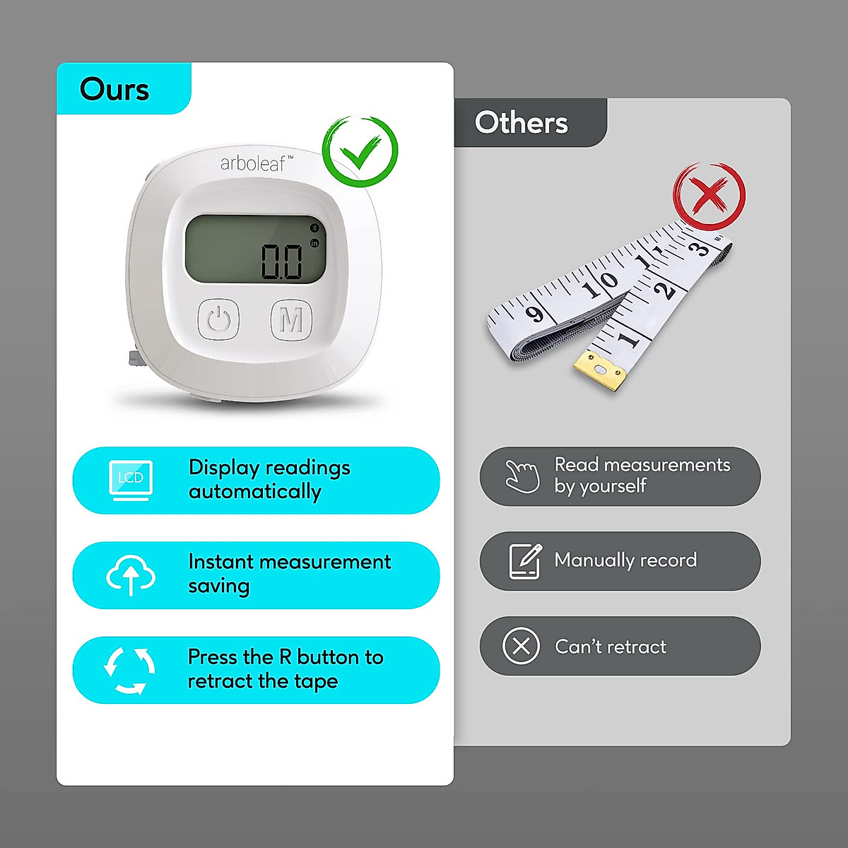 arboleaf Digital Body Measuring Tape, 60in Body Tape Measure, Bluetooth Measuring Tape for Body Measurements, Body Measurement Tape for Weight Loss, Locking, Retractable