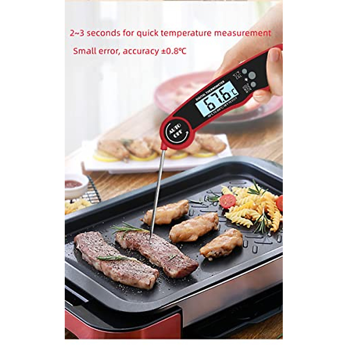 FLYSZQ Digital Instant Read Meat Thermometer,Foldable Probe with Backlight,Waterproof and Calibration,Thermometer for Food Cooking,Grilling,Baking (Red)