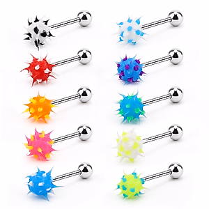 CrazyPiercing 10pcs Surgical Steel Spiky Acrylic Fire Tongue Nipple Ear Rings Bar Barbell Stud Piercing