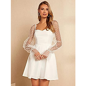 WDIRARA Women's Polka Dots Mesh Long Sleeve A Line Mini Flowy Wedding Guest Bridesmaid Dress White M