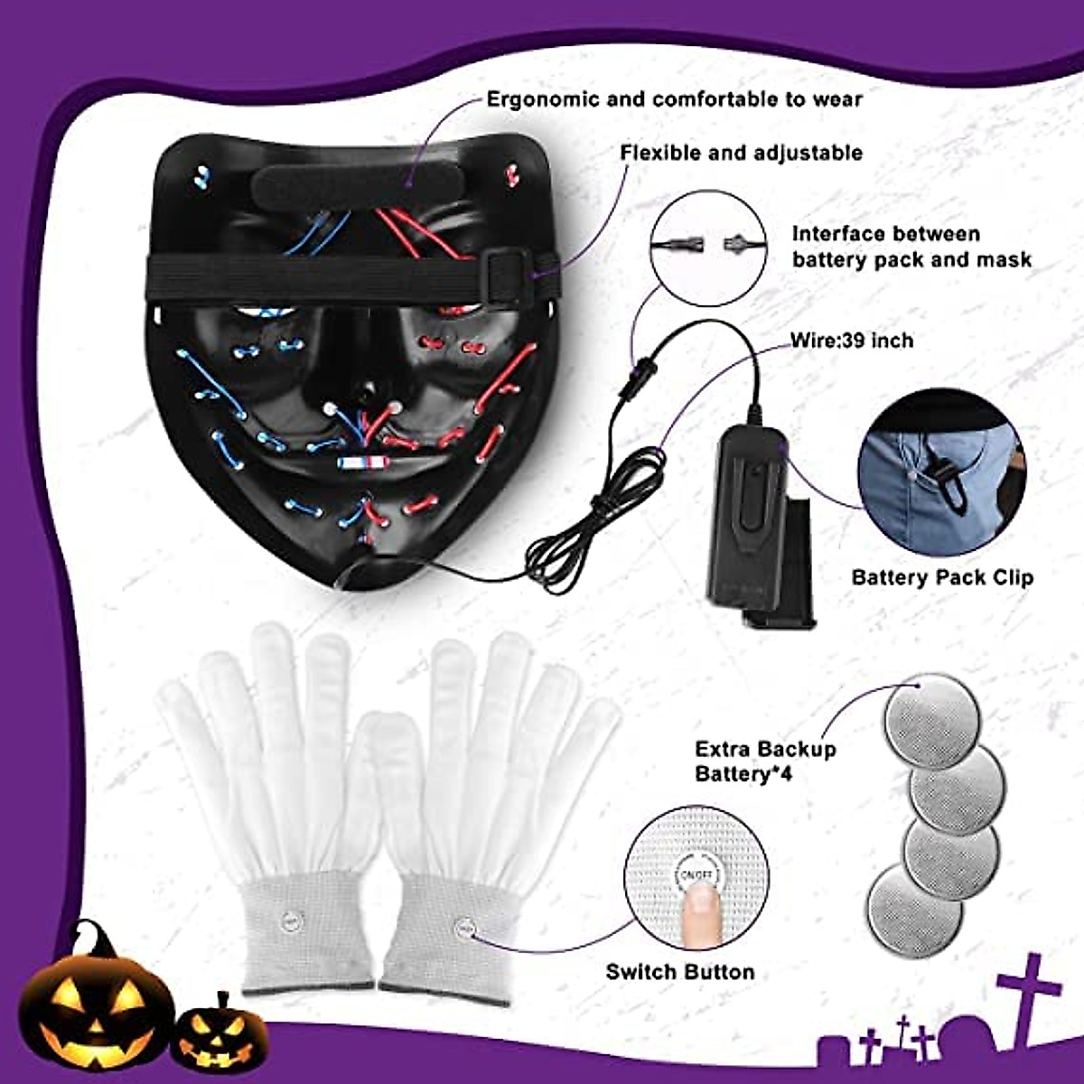 STONCH Halloween Mask Skeleton Gloves Set, 3 Modes Light Up Scary LED Mask with LED Glow Gloves, Halloween Decorations Anonymous Carnival Costumes glow purge Masks ​Gift for Boys Girl